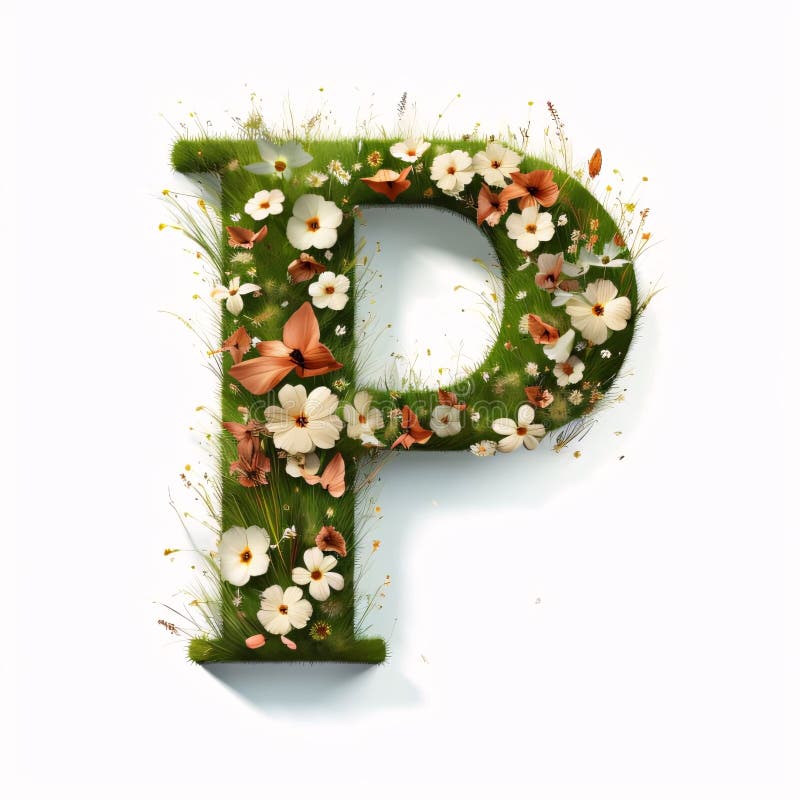 Letter P Decorated with Flowers and Grass. Isolated on White Background ...