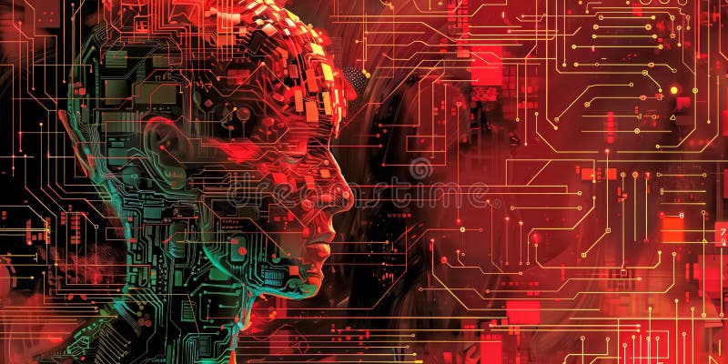 Graphic Art of a Robots Head with Circuit Board Background in Magenta ...