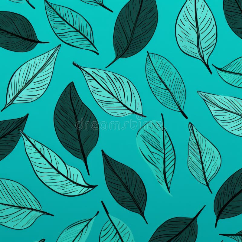 Graphic Black Outlines: Turquoise Leaves Seamless Pattern Stock ...