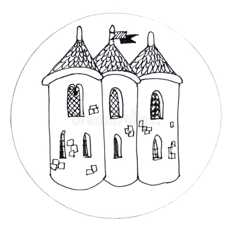 Graphic Black and White Drawing of Three Round Towers with Spiers ...