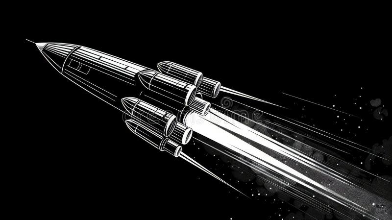 Graphic Black and White Illustration of a Rocket with Multiple Boosters ...