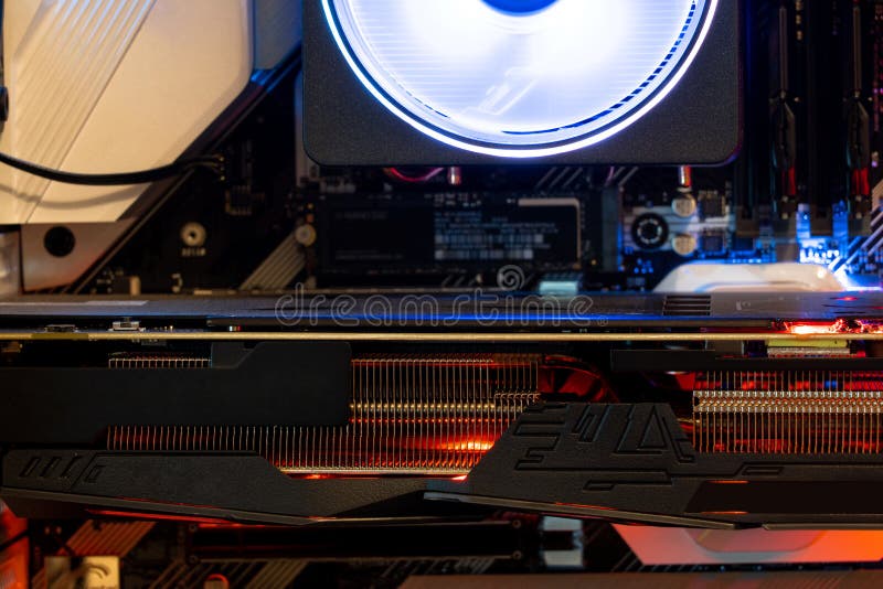Graphic Card. Computer Circuit Board and CPU Cooling Fans Illuminated ...