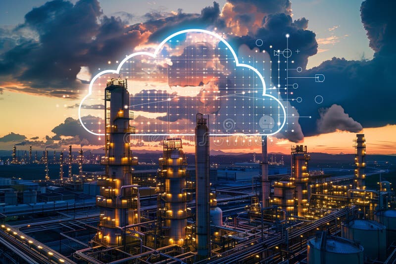 Graphic of Cloud Technology Overlay on Huge Oil and Gas Refinery in ...
