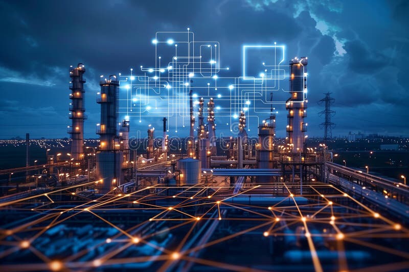 Graphic of Cloud Technology Overlay on Huge Oil and Gas Refinery in ...
