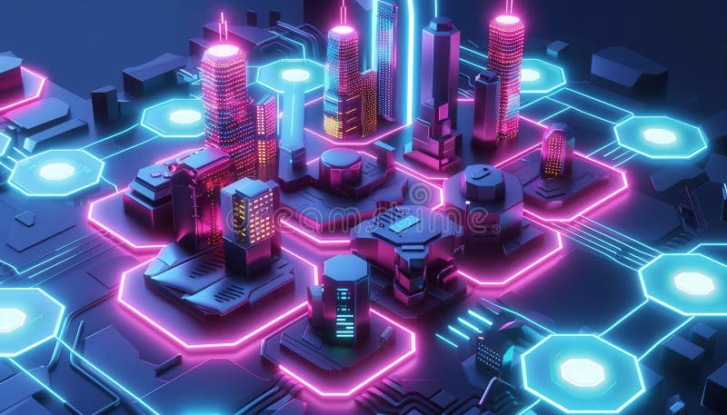 Graphic of 3D Model of an AIdriven Smart City with Glowing Hexagon ...