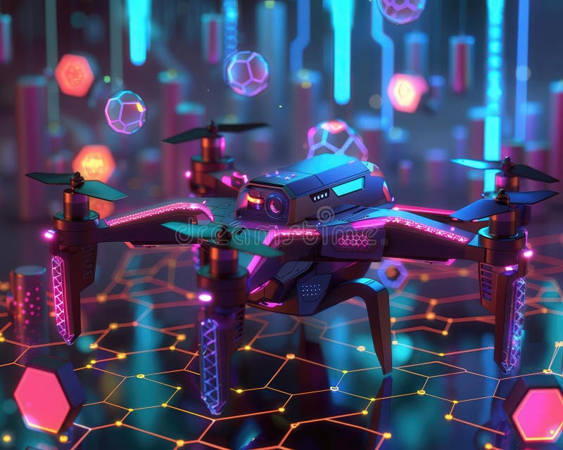 Graphic of 3D Model of a Hitech Drone in a Neonlit Environment with ...