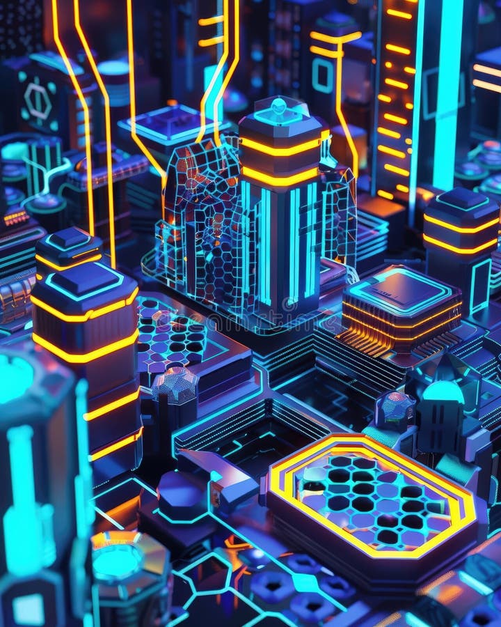 Graphic of 3D Model of a Hitech Logistics Hub in a Neonlit Environment ...