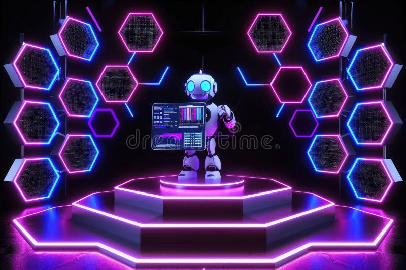 Graphic of 3D Model of a Robot Presenting Financial Data on a Neonlit ...