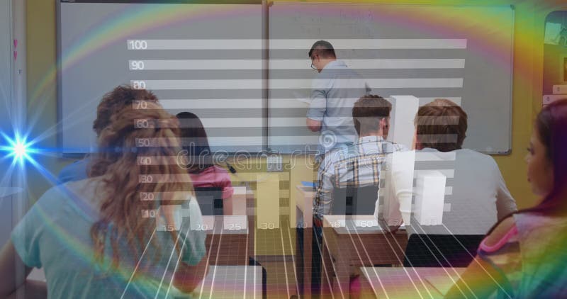 Graphic Data Over Teacher Using Whiteboard during Adult Class. Stock ...