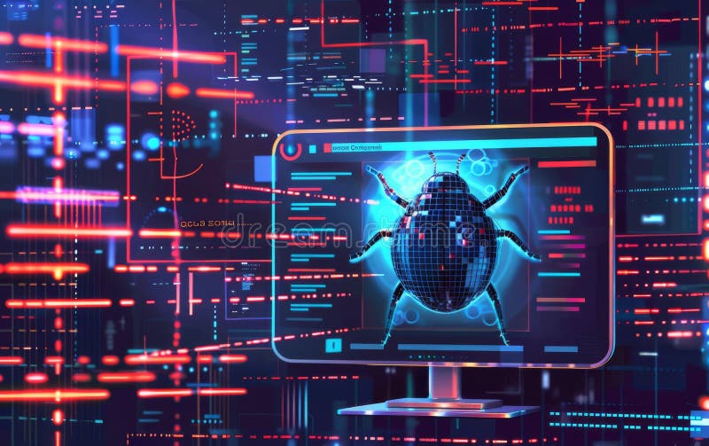 A Graphic Depiction of a Bug Magnified on a Computer Screen Surrounded ...