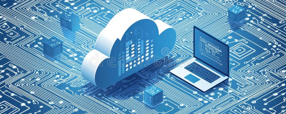 Blue Cloud Technology Icon with Digital Chips and Laptop Interface ...