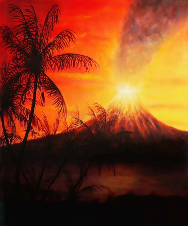 Graphic Design Collage with Palm Trees and Volcano in the Background in ...