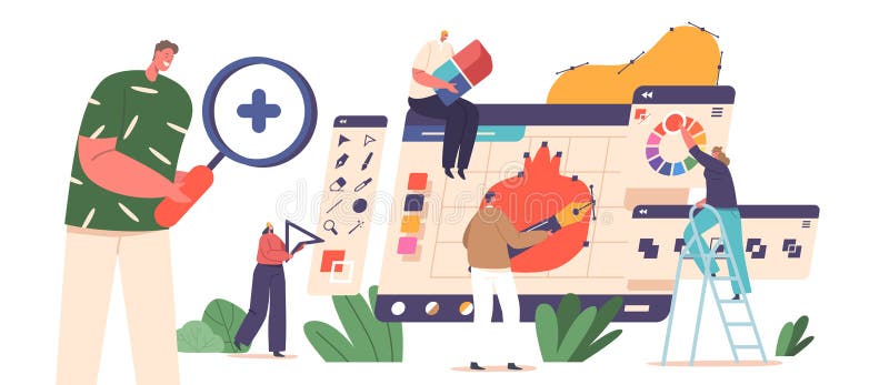 Graphic Design Creative Profession Concept with Tiny Male and Female ...