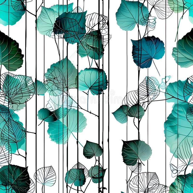 A Graphic Design Featuring Stylized Teal and Black Leaves on a White ...