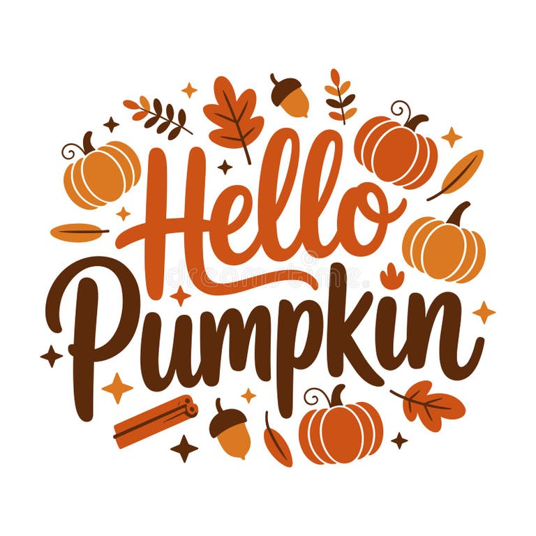Hello Pumpkin Text Design with Autumn Leaves and Pumpkin Illustrations Stock Illustration ...