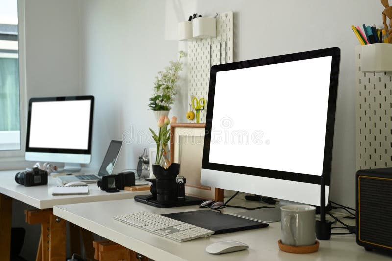 Graphic Design or Photographer Work Station with Blank Screen Desktop ...