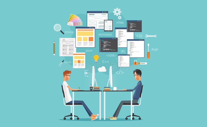 Graphic Design and Web Developer Working on Workplace Stock Vector ...