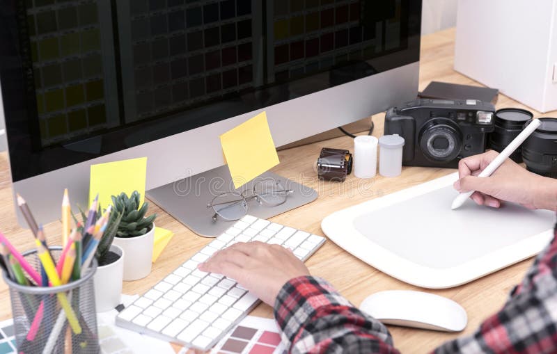 Graphic Designer Artist Using Graphics Tablet Drawing His Work at Desk ...
