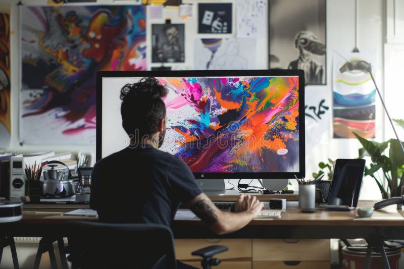 Graphic Designer with a Canvas of Digital Art Flowing Over a Modern ...
