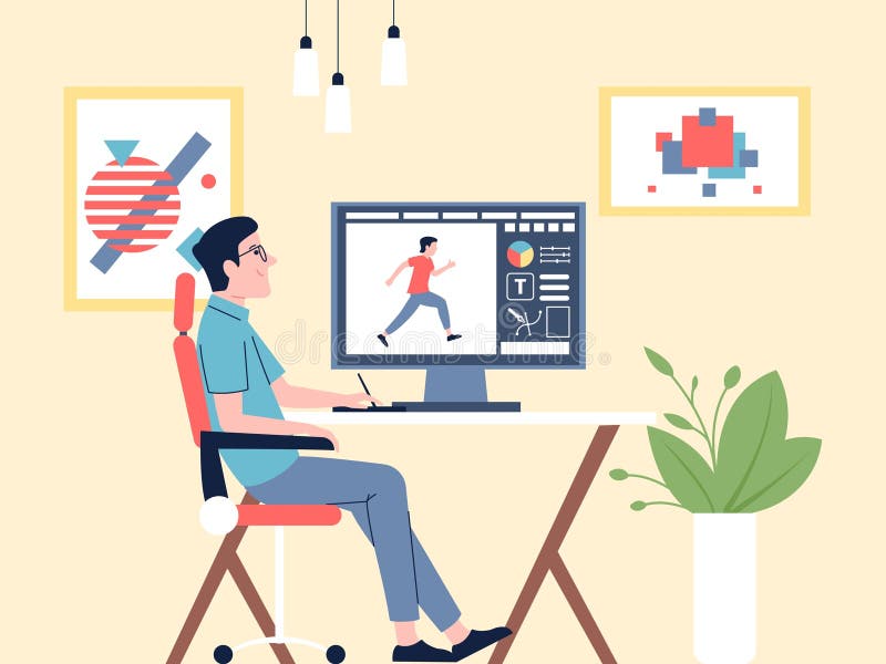 Graphic Designer Character. Man Working on Project with Computer ...