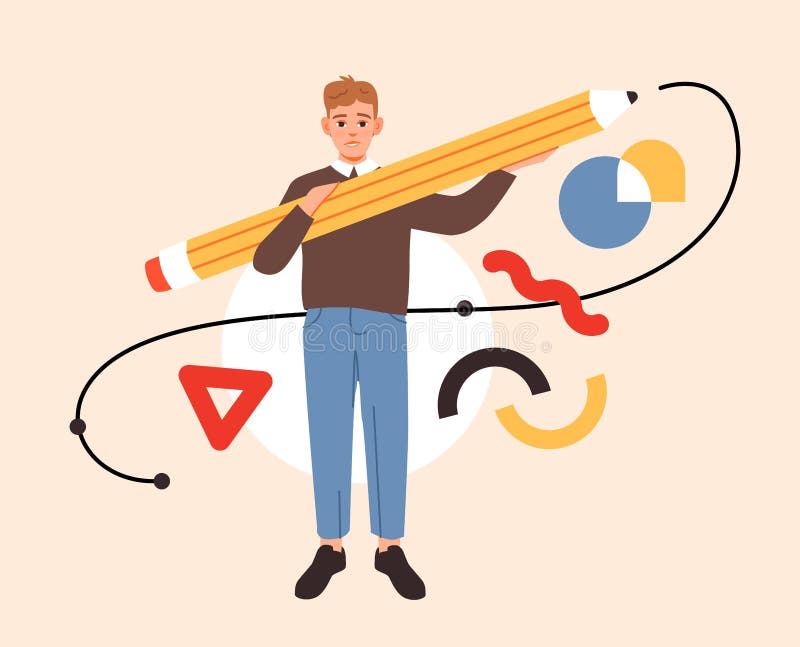 Graphic Designer Concept. Man Holding Big Pencil. Creative Illustrator ...