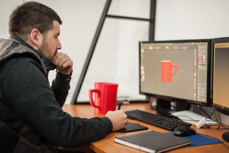 Graphic Designer and 3d Animator Work at Computer in Office Stock Photo ...