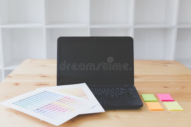 Graphic Designer Desk Table with Computer, Sticky Note and Color Stock ...
