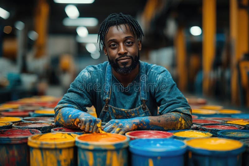 Graphic Designer in Diverse Studio Mixing Ink with Spatula for Creative ...