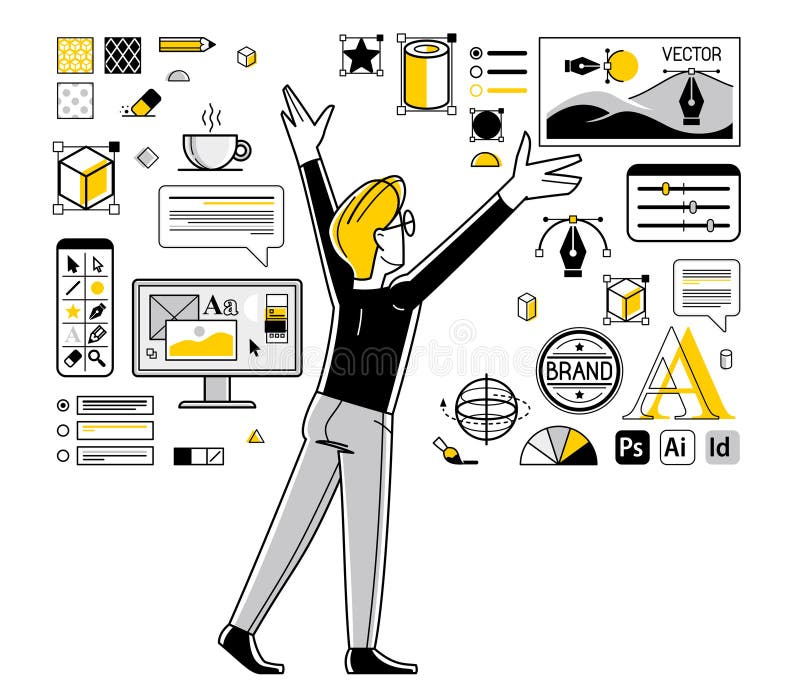 Graphic Designer Doing Some Creative Job Using Computer Software ...