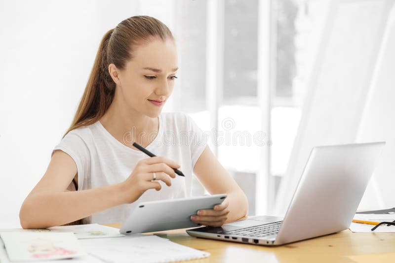 Graphic Designer Draws on a Tablet. the Concept of Creative Work, Hobby ...