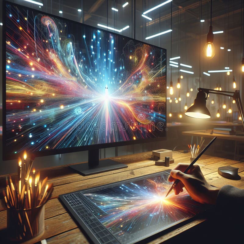 Graphic Designer Draws a Vibrant Cosmic Explosion on a Digital Tablet ...