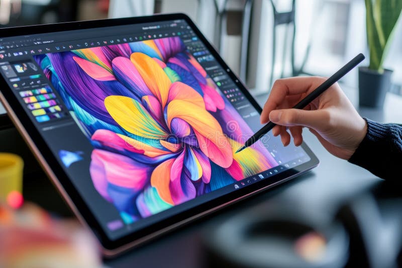 A Graphic Designer Focuses on Crafting a Colorful Digital Illustration ...