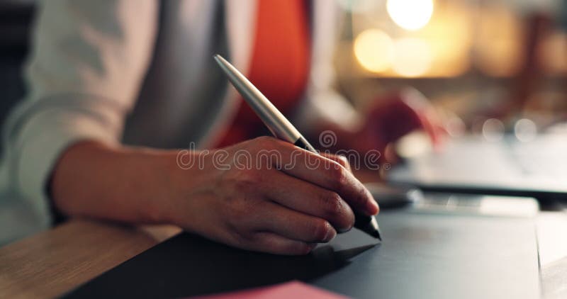 Graphic Designer, Hand and Woman Writing with Tablet, Tech and Computer ...