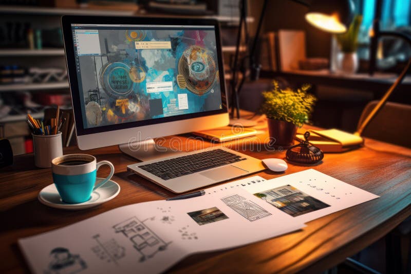 Graphic Designer Home Office and Creative Desk Stock Image - Image of ...