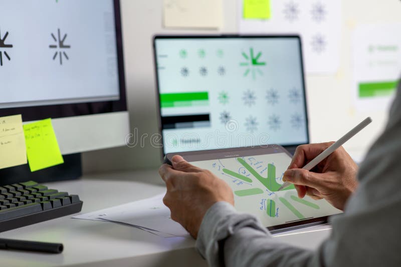 Graphic Designer Making Notes on Logo Designs, Designing Logos, and ...