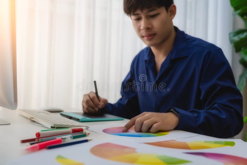 Graphic Designer Man Creative Using Color Swatch Samples for Website ...