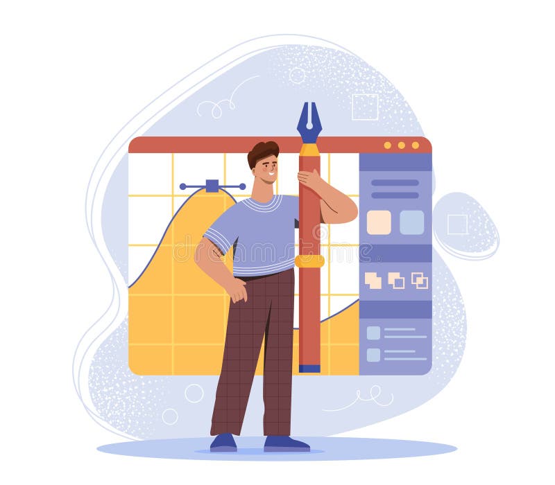 Graphic Designer Man. Young Guy with Pencil Stands Near Illustrator ...