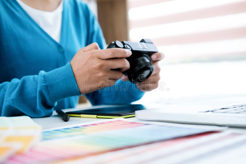 Graphic Designer and Photo Editor Working. Stock Image - Image of ...