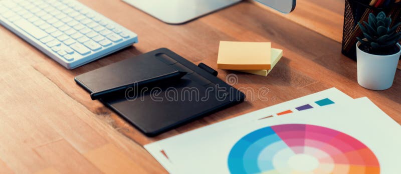 Graphic Designer S Workspace Features Color Palette and Laptop. Scrutinize Stock Photo - Image ...
