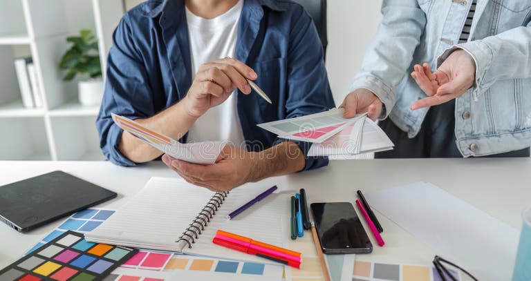 Graphic Designer Selecting Color Pairs on Computer for Creative Design ...