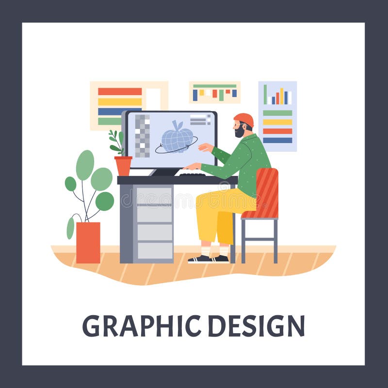 Graphic Designer Sitting at Desk and Working on 3D Model, Poster ...