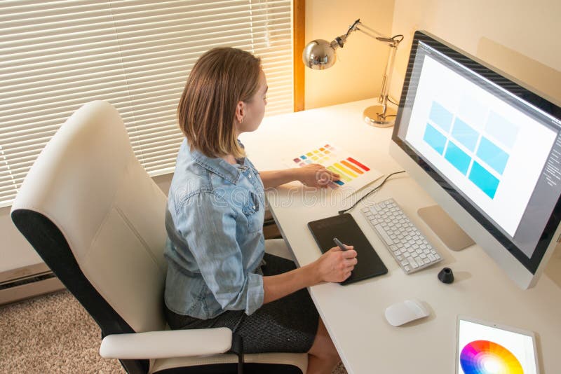 Graphic Designer Sitting at Work. Illustrator. Web Designer. Freelancer ...