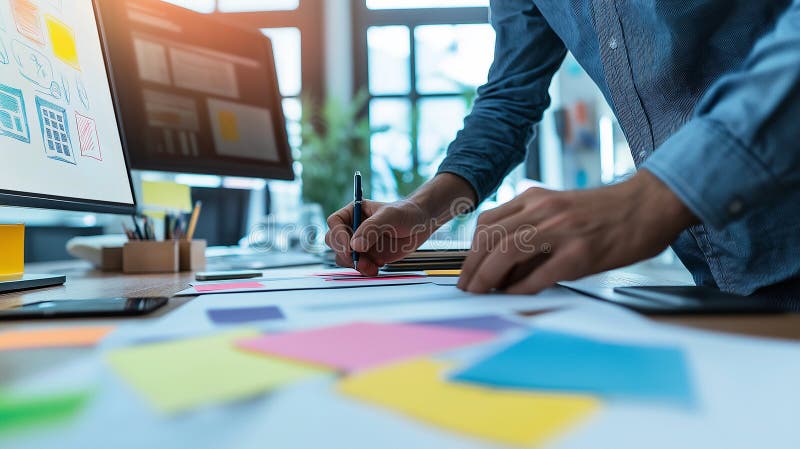 Graphic Designer at a Sleek Computer Desk, Working on a Colorful ...