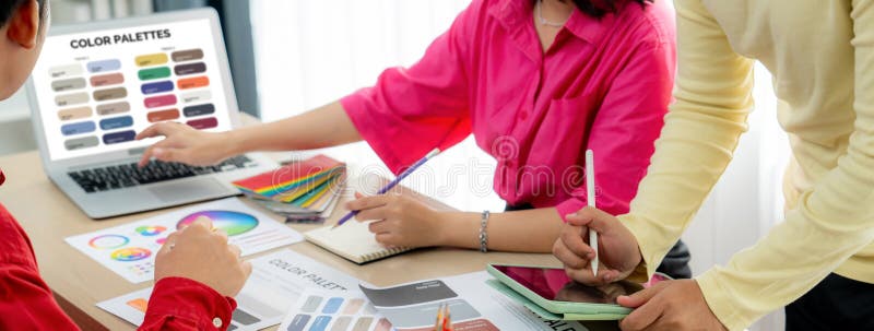 Graphic Designer Team Select Appropriate Color for Project. Closeup ...