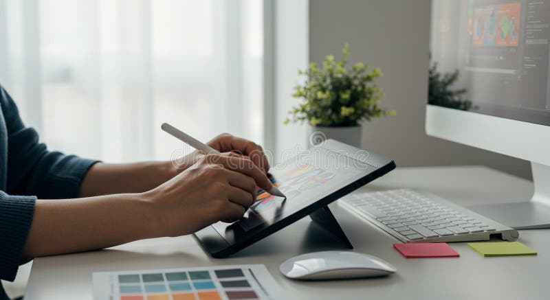Graphic Designer Working on a Digital Tablet, Modern Workspace Stock ...