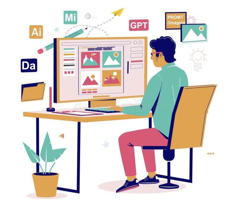 Graphic Designer Using AI Technology for Work Vector Illustration Stock ...