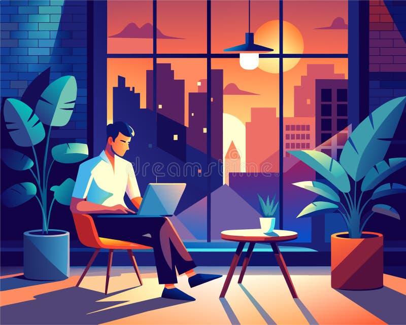 Graphic Designer Using AI Technology for Work Vector Illustration ...