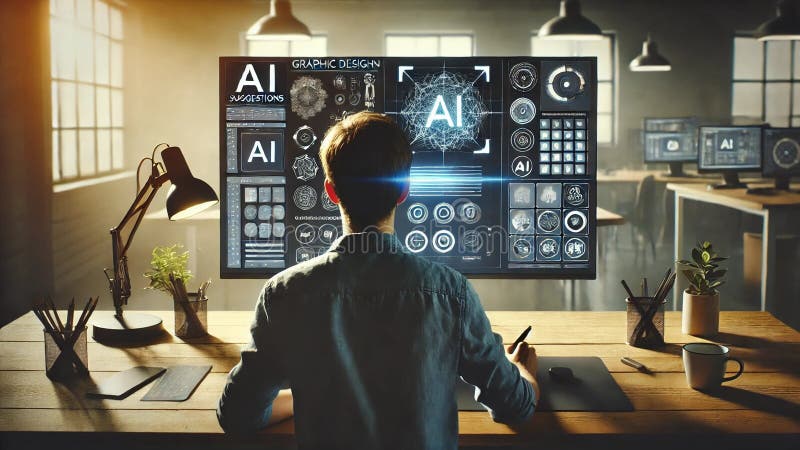 Graphic Designer Using AI Tools To Create Digital Logo on Screen Stock ...