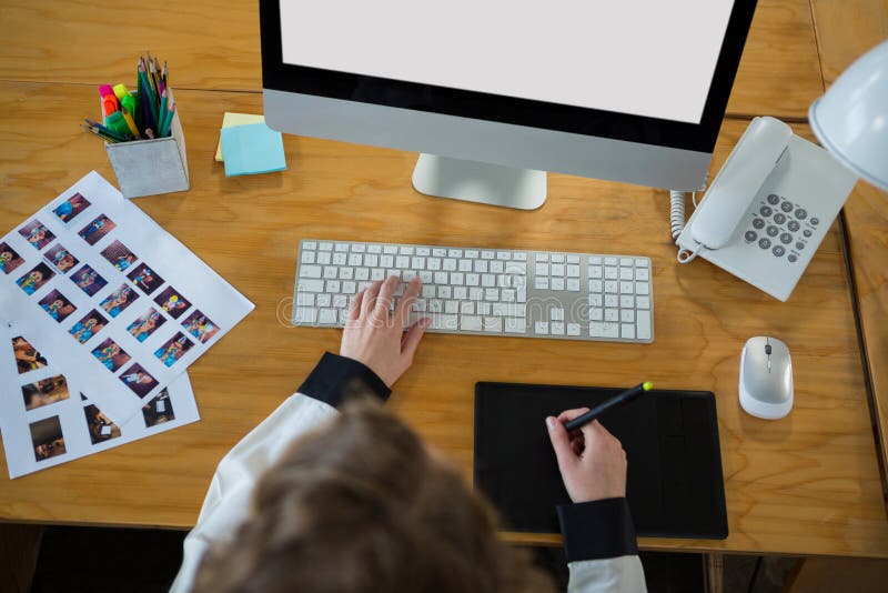 Graphic Designer Using Desktop Pc and Graphic Tablet Stock Image ...