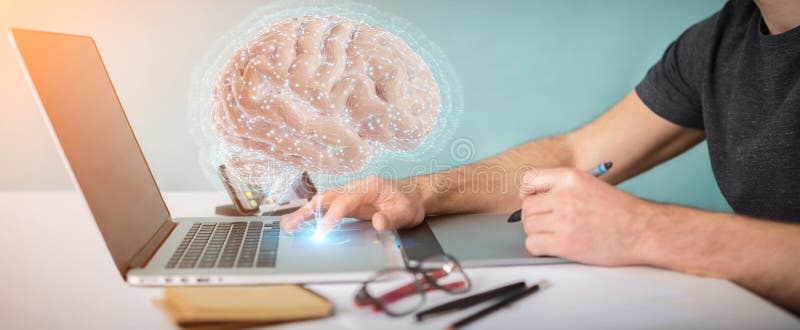 Graphic Designer Using Digital 3D Projection of a Human Brain 3D Stock ...